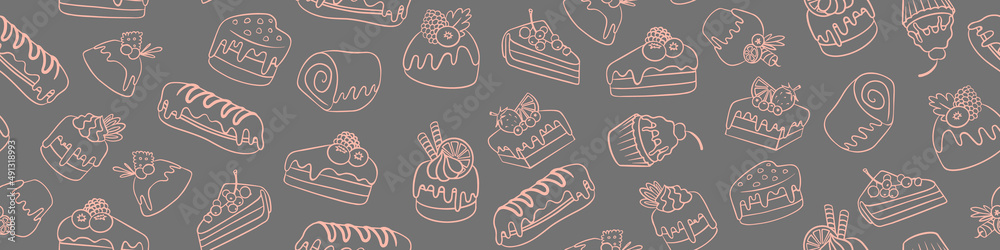Seamless pattern with hand drawn outline cakes and desserts. Vector ...