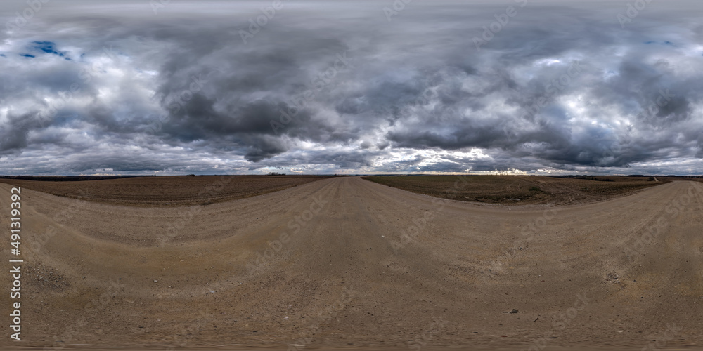 360 seamless hdr panorama view on gravel road with clouds in gray ...
