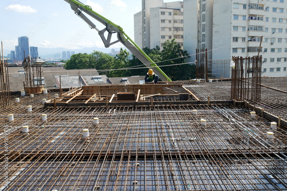 PENANG, MALAYSIA -MARCH 4, 2020: Floor slabs are under construction at ...