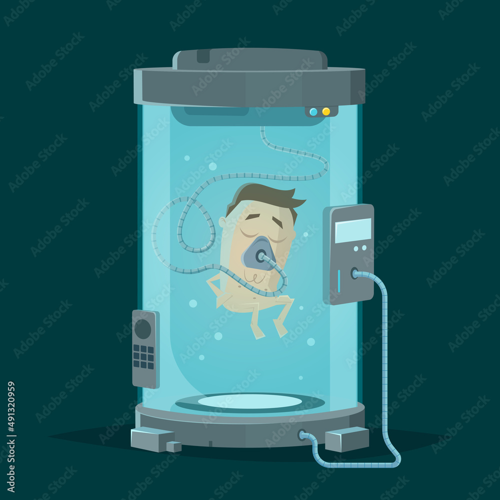 cartoon illustration of a man sleeping in futuristic floating tank ...