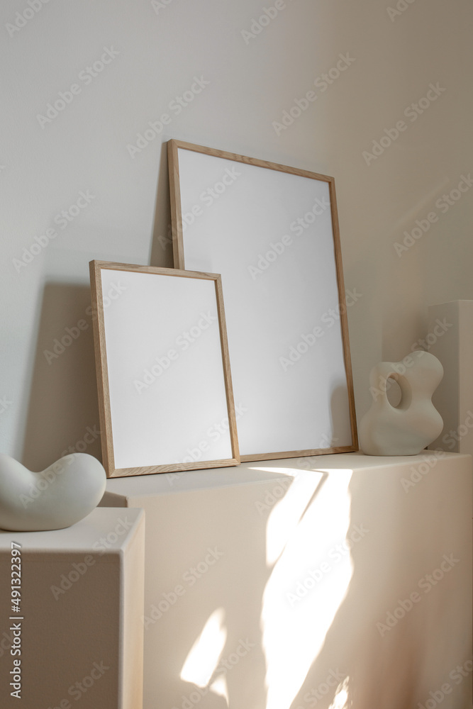 In The Studio 2 Mockup Scene Two Wooden Frames Sculptures Stock Photo ...