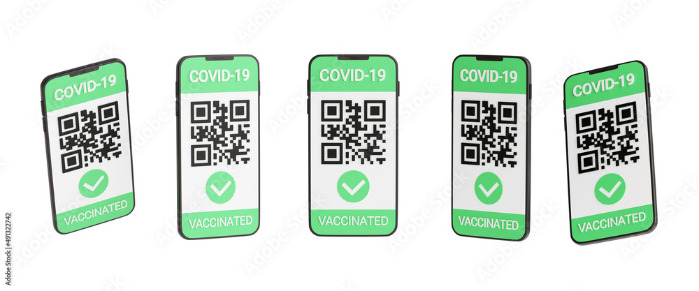 Green COVID vaccination certificate - qr code and check mark on mobile ...