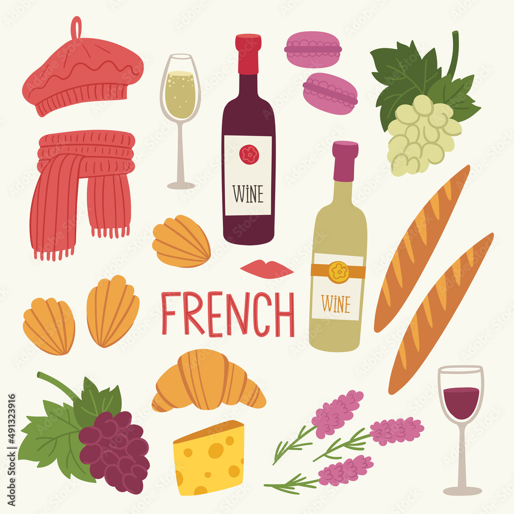 Flat vector illustration with traditional symbols of France, food and ...