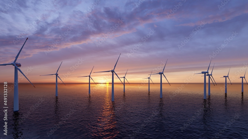 8K Ultra Hd. Offshore Wind Turbines Farm at sunset. Stock Photo | Adobe ...