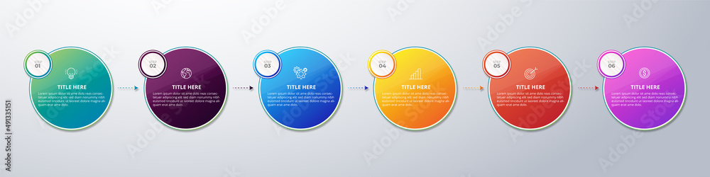 Line step infographic. 6 options workflow diagram, circle timeline number infograph, process ...