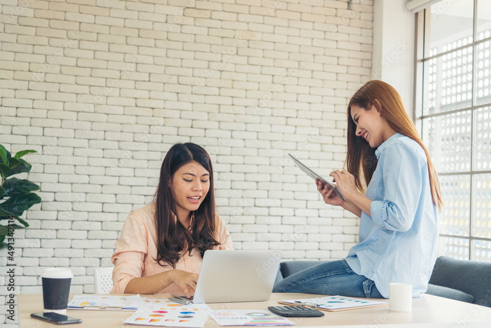 Happiness two women working together confident team meeting in office ...
