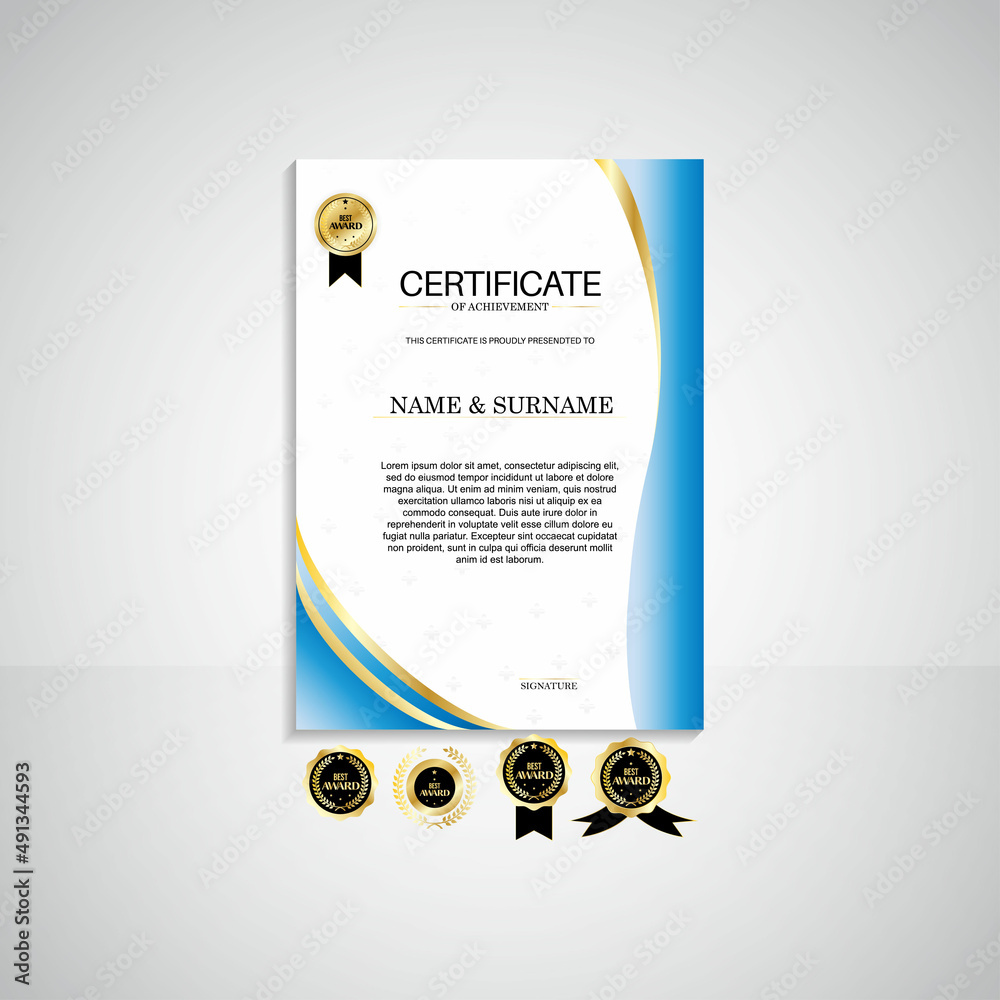 Award portrait certificate template, gold and blue colors. Clean modern ...