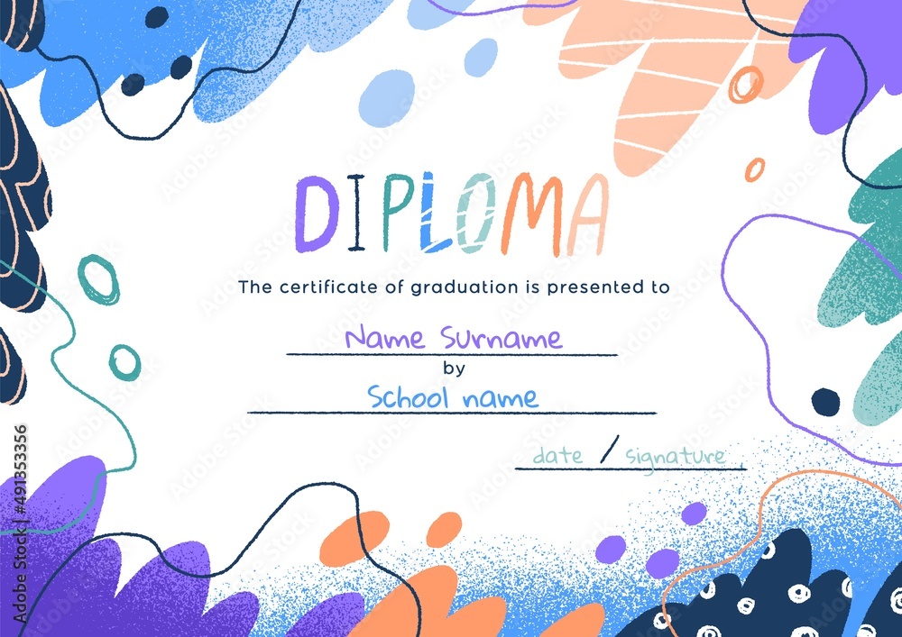 Abstract diploma template for school and kindergarten kids. Childish ...