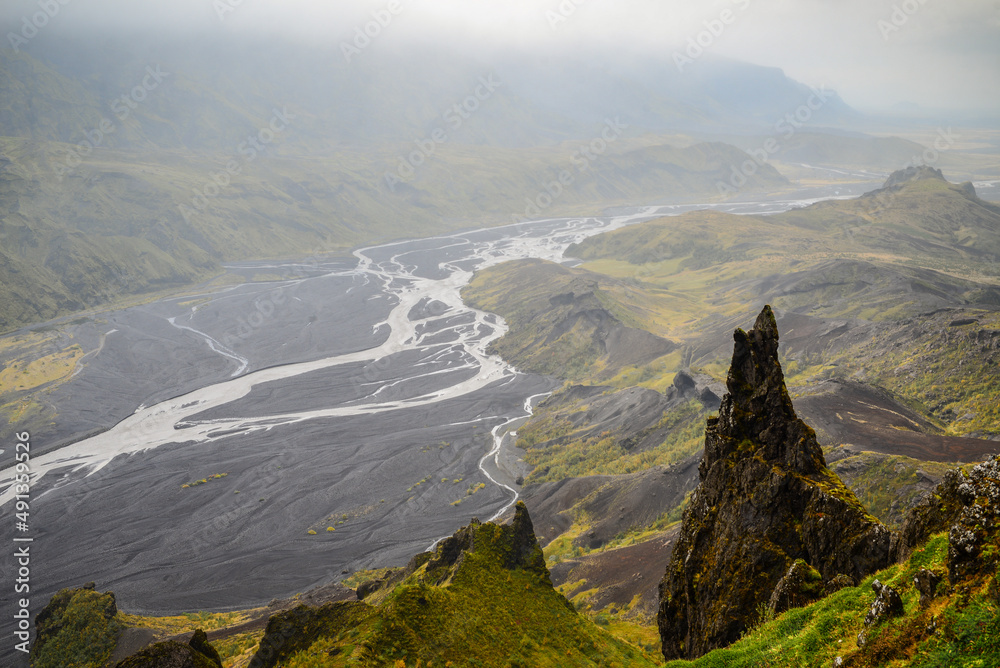 Epic view of Thorsmork and the meandering Krossá river from the summit ...