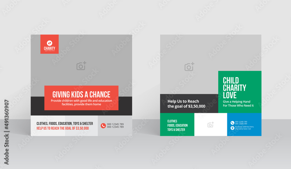 Charity social media post banner template with kids help donation web ...