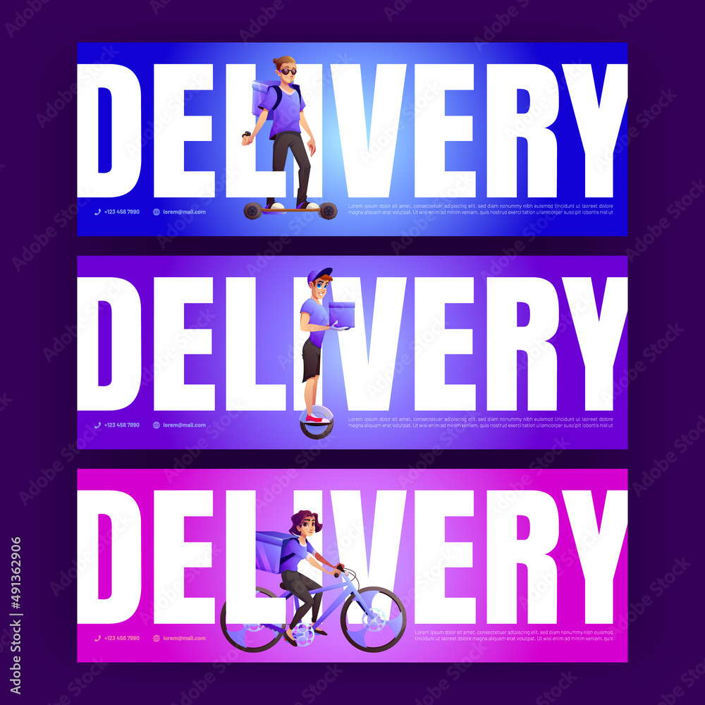 Vetor de Delivery posters with couriers on bike, electric unicycle and ...