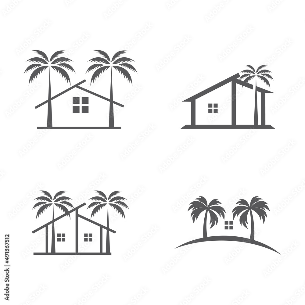 house with palm tree logo vector, tropical beach home or hotel icon ...