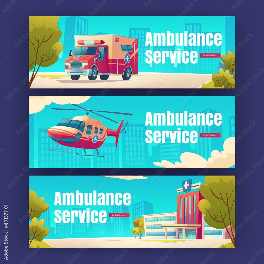 Ambulance service cartoon banners. Medical helicopter and car on urban ...