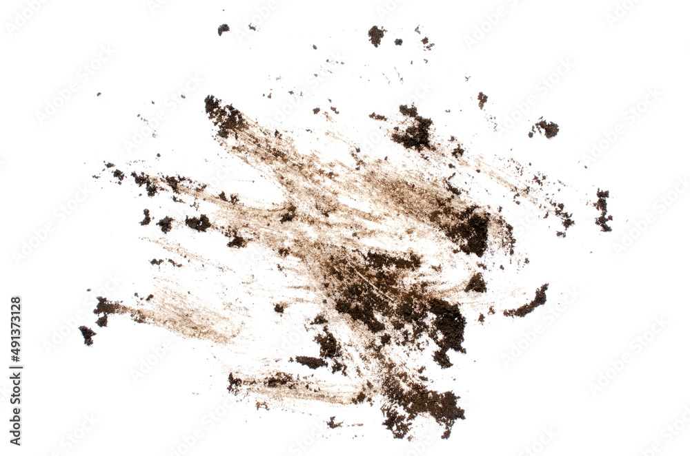 Mud spots of soil, isolated on white background, top view. Earth stain ...