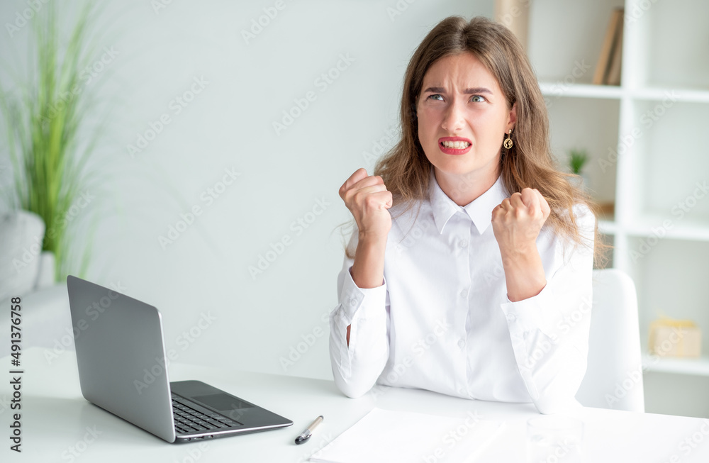 Angry feelings. Aggressive woman. Office worker. Rage lady in white ...