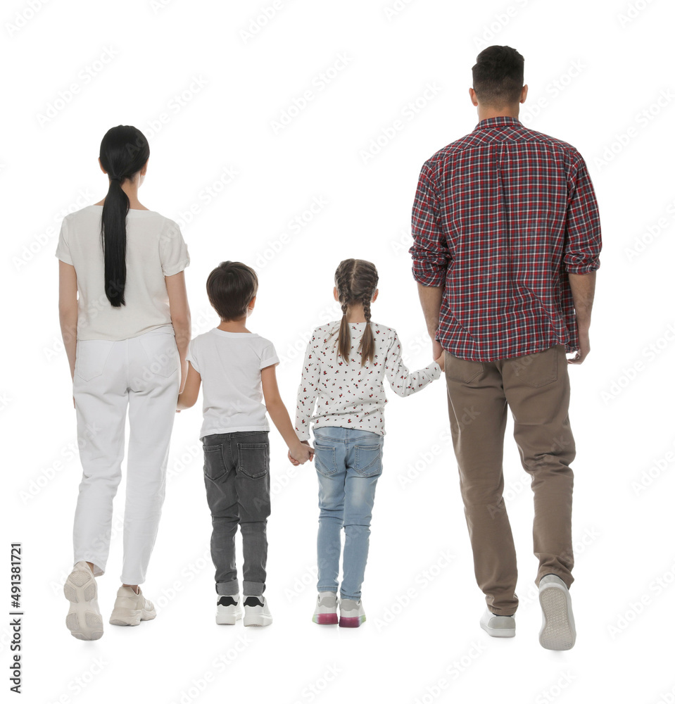 Children with their parents on white background, back view Stock Photo ...