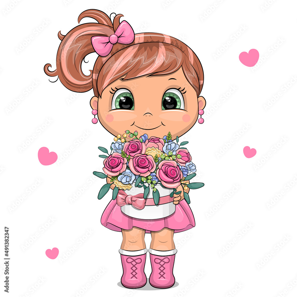Cute cartoon girl with a bouquet of flowers. Vector illustration ...