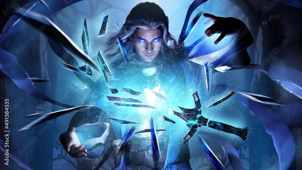 A handsome, long-haired young wizard with blue glowing eyes in a long ...