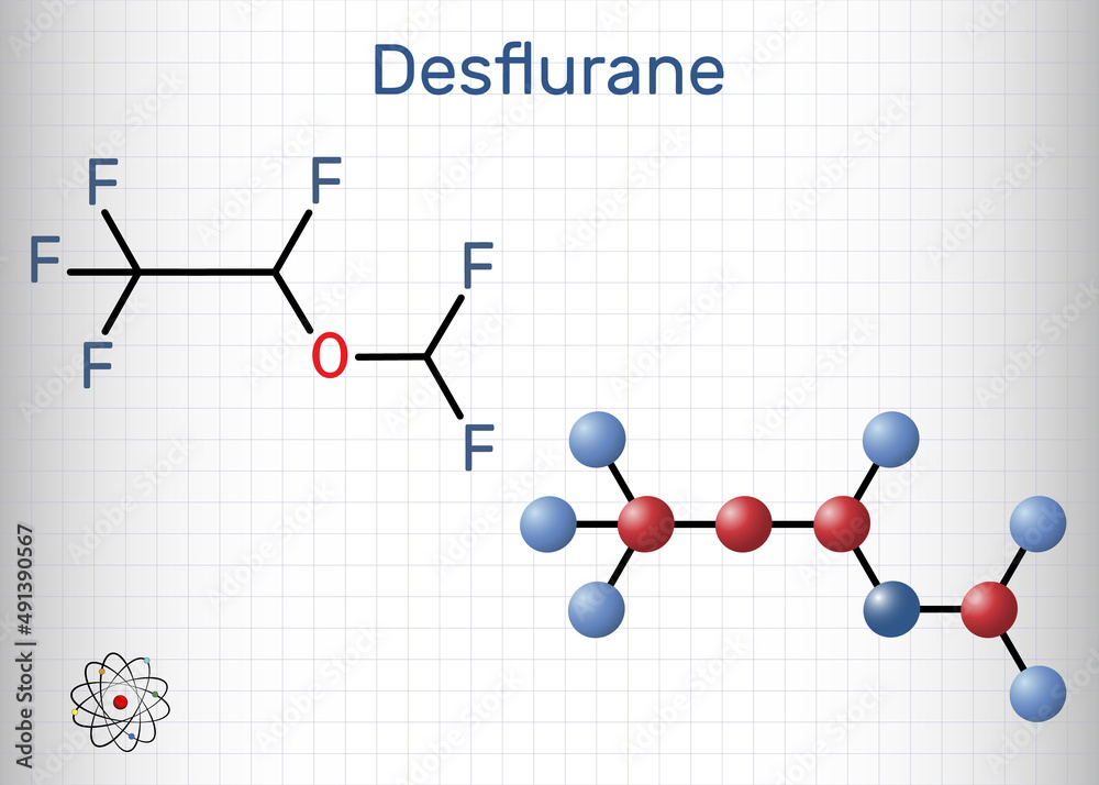 Desflurane molecule. It is organofluorine compound, inhalation ...