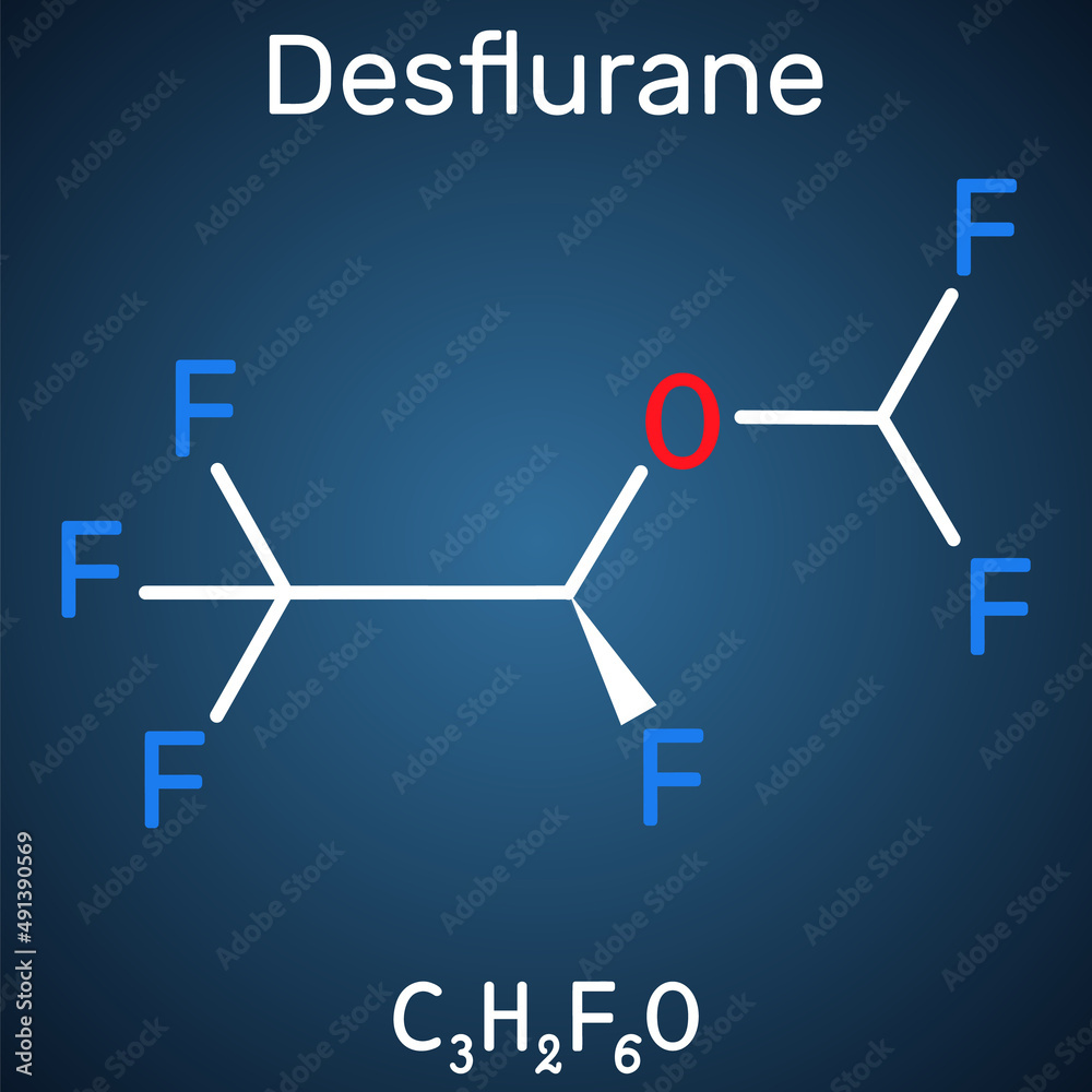 Desflurane molecule. It is organofluorine compound, inhalation ...