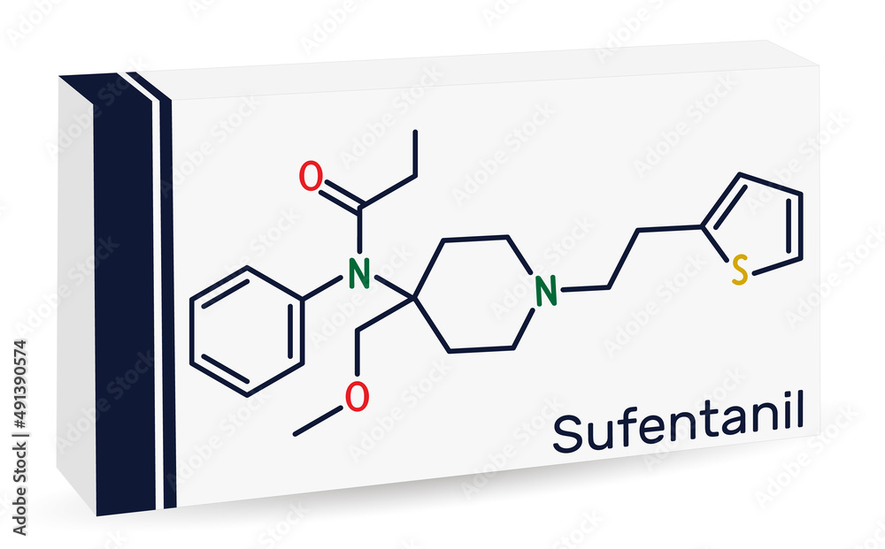 Sufentanil molecule. It is opioid analgesic, anesthetic agent, used to ...