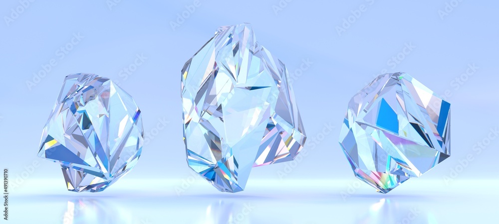 Crystal gems, transparent jewel mineral stone isolated on blue ...