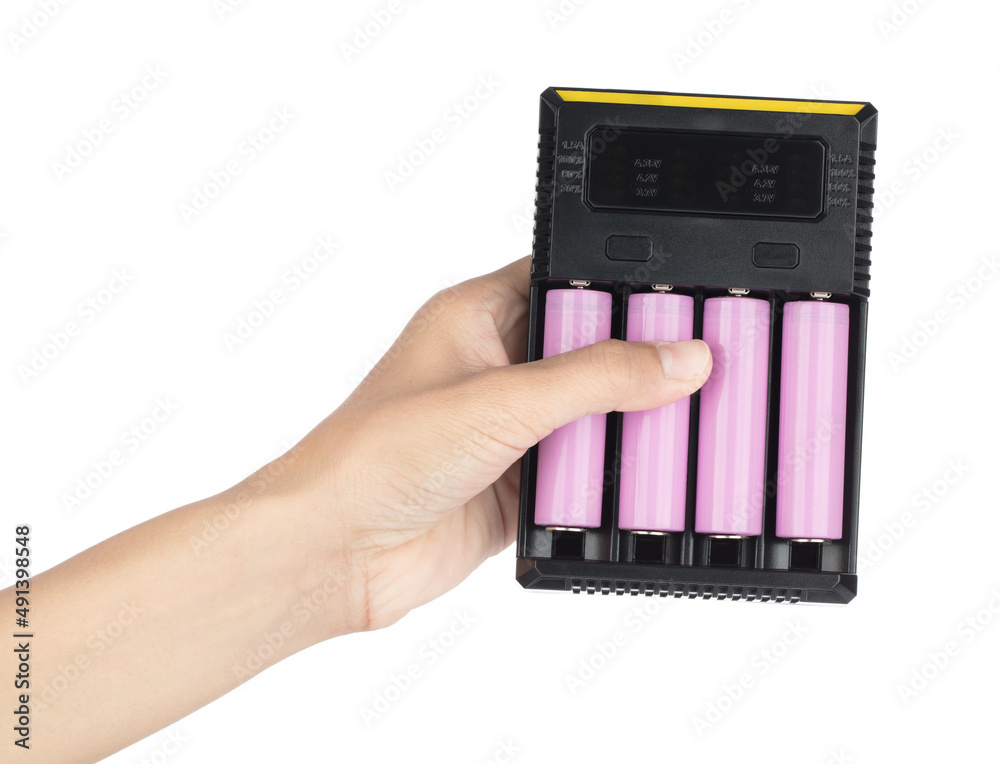 Hand holding Battery Charger with 3.7V 18650 Lithium Battery ...