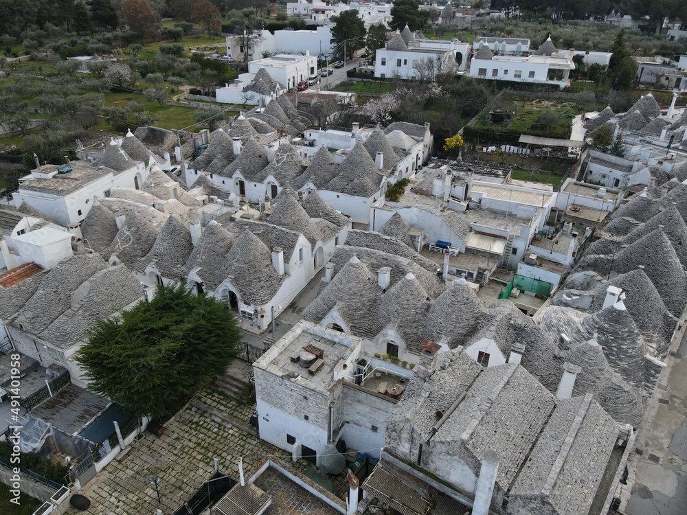 Aerial view of Alberobello, city of Trulli in Itria Valley, Puglia ...