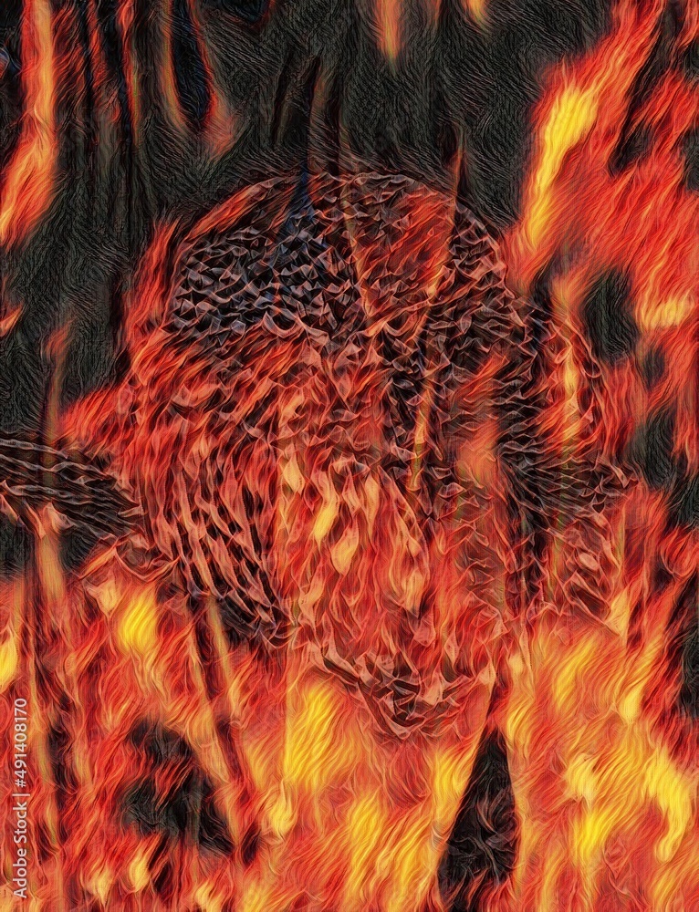 Background with fire.Flaming owl bird in fire masonic texture banner ...