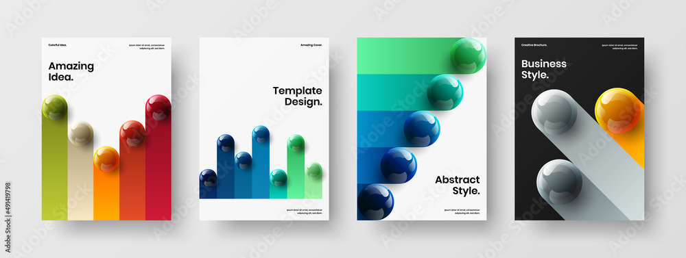 Isolated magazine cover A4 vector design layout set. Modern 3D spheres ...