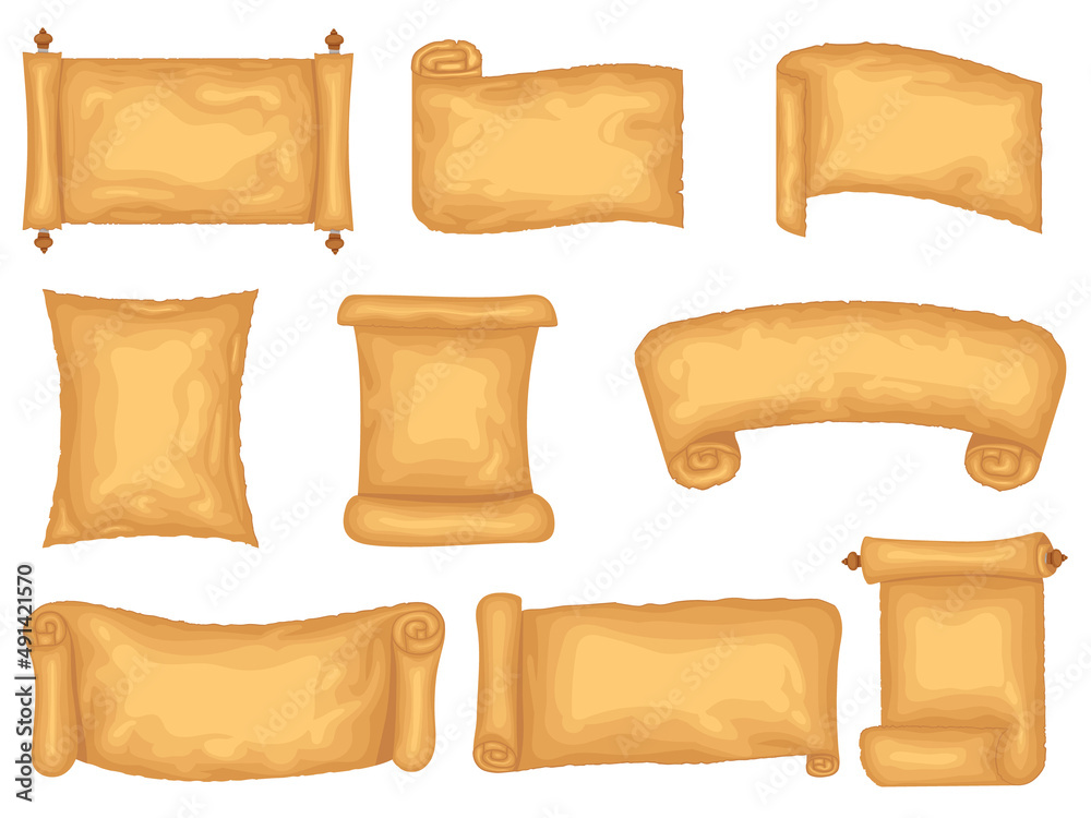 Three Cartoon Scrolls Lying Flat. Cartoon ancient parchment scroll and ...