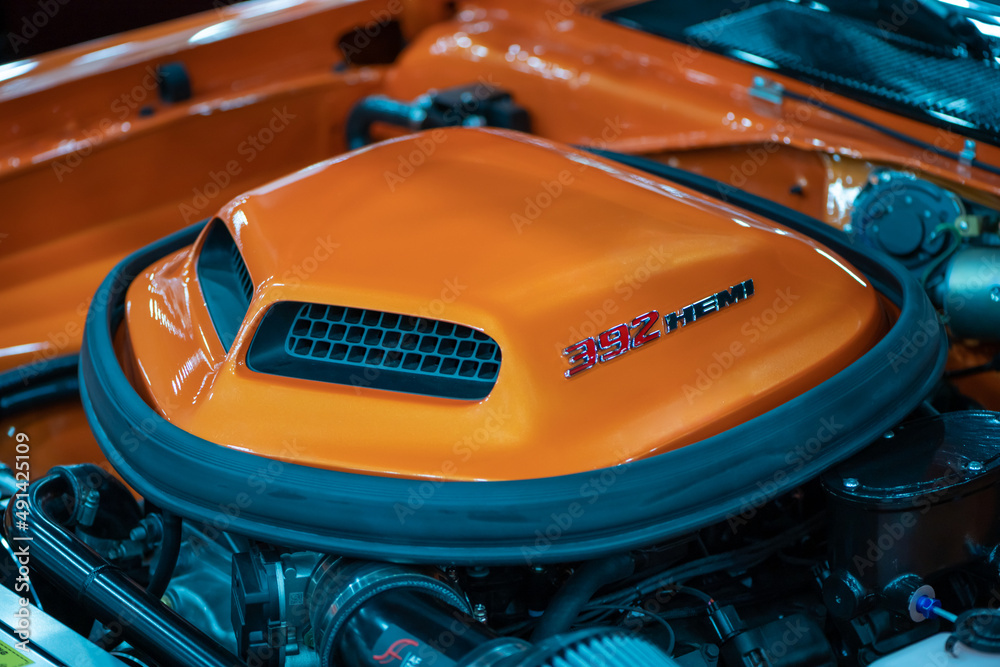 DETROIT, MI/USA - March 4, 2022: Close-up of a 1971 Dodge Demon Hemi ...