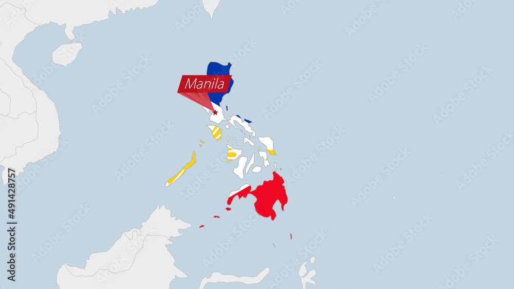 Philippines map highlighted in Philippines flag colors and pin of ...