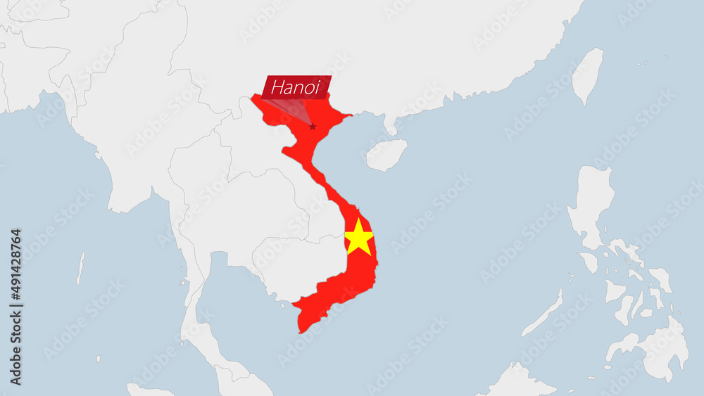 Vietnam map highlighted in Vietnam flag colors and pin of country ...