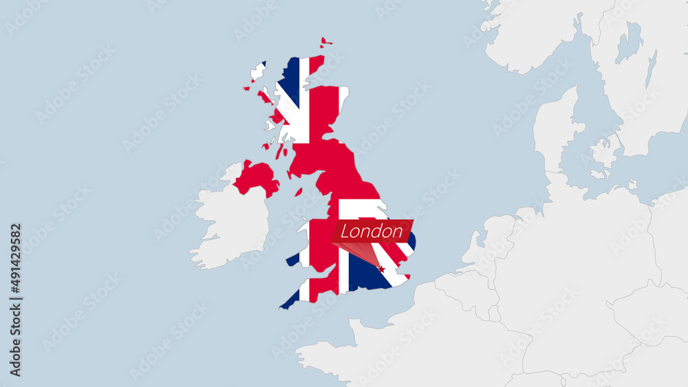 United Kingdom map highlighted in UK flag colors and pin of country ...