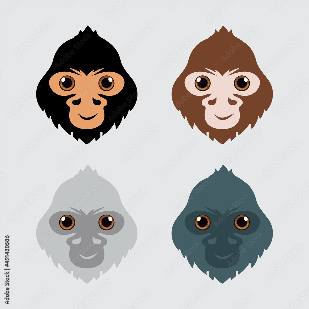 Collection of monkey cartoon face design icon. Pack of happy monkey ...