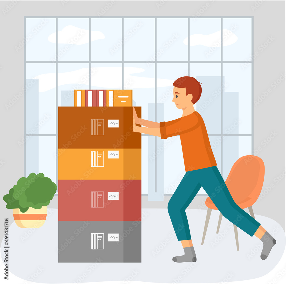 Cartoon male character standing in library and moves cabinet with ...