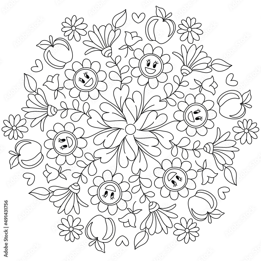 Positive, groovy Mandala colouring. Hand drawn coloring page for kids ...