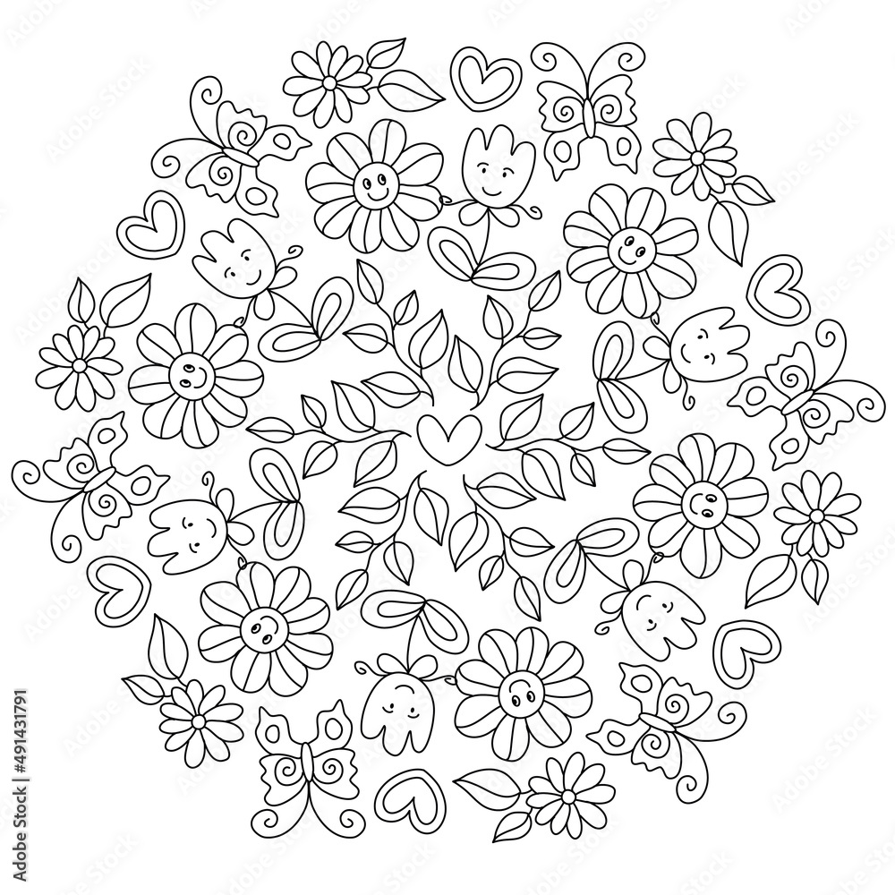Positive, groovy Mandala colouring. Hand drawn coloring page for kids ...