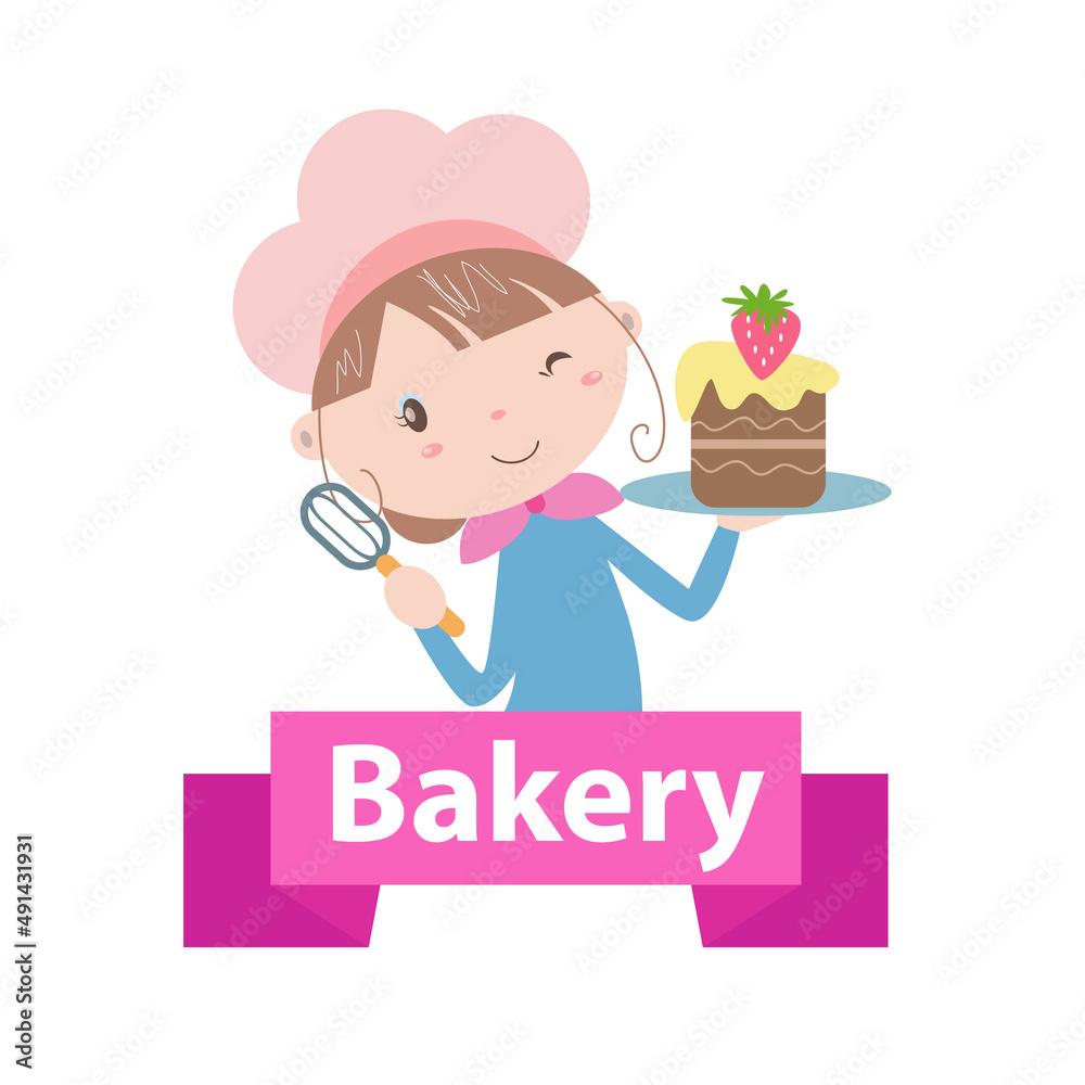 Bakery logo vector illustration with cute girl cartoon art Stock Vector ...
