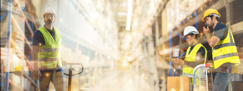Fotka „banner background of worker working in storage warehouse using ...