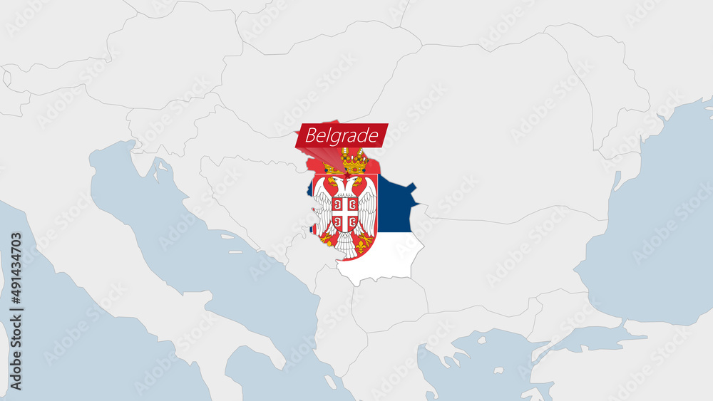 Serbia map highlighted in Serbia flag colors and pin of country capital ...