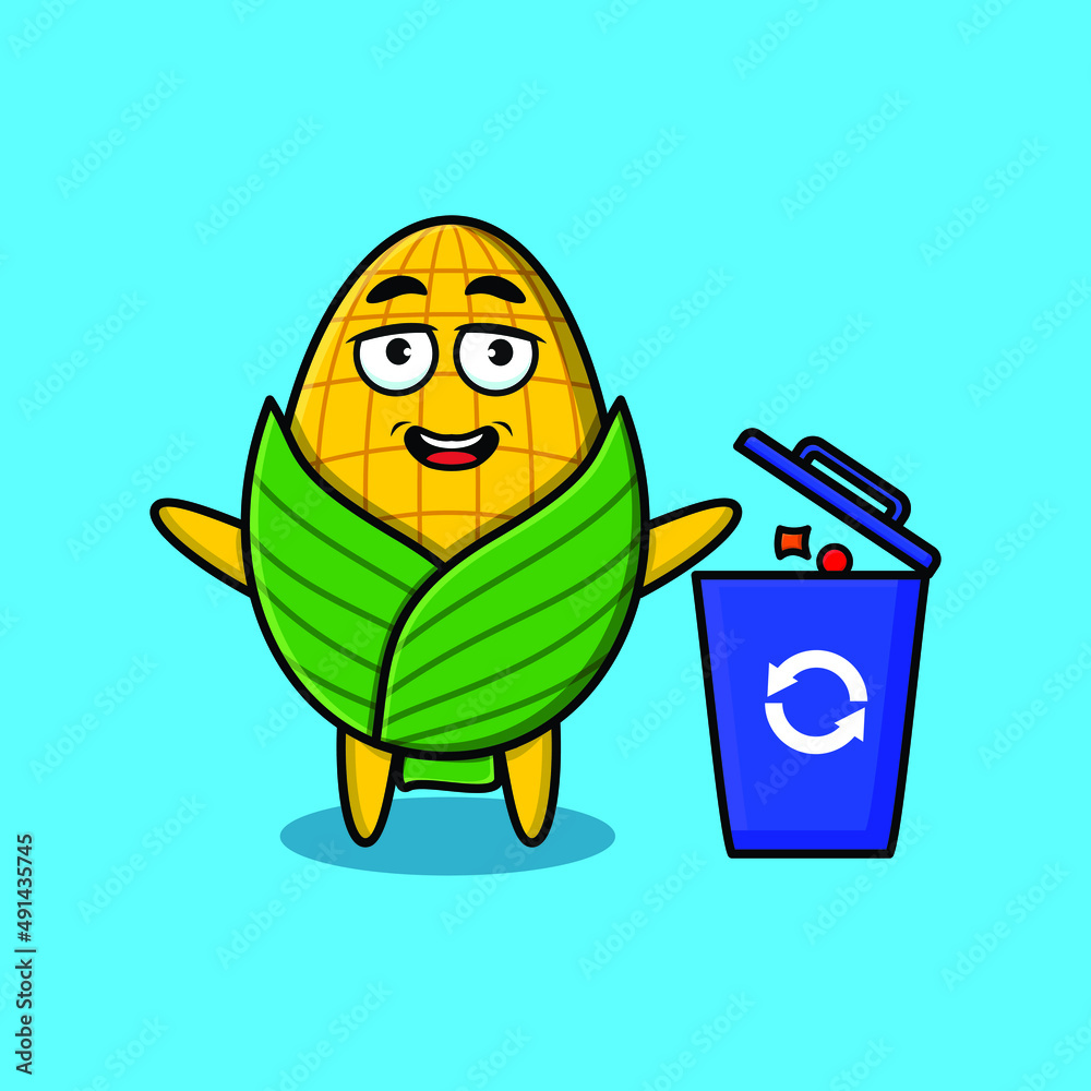 Cute cartoon corn throwing trash in the trash in 3d modern style design ...
