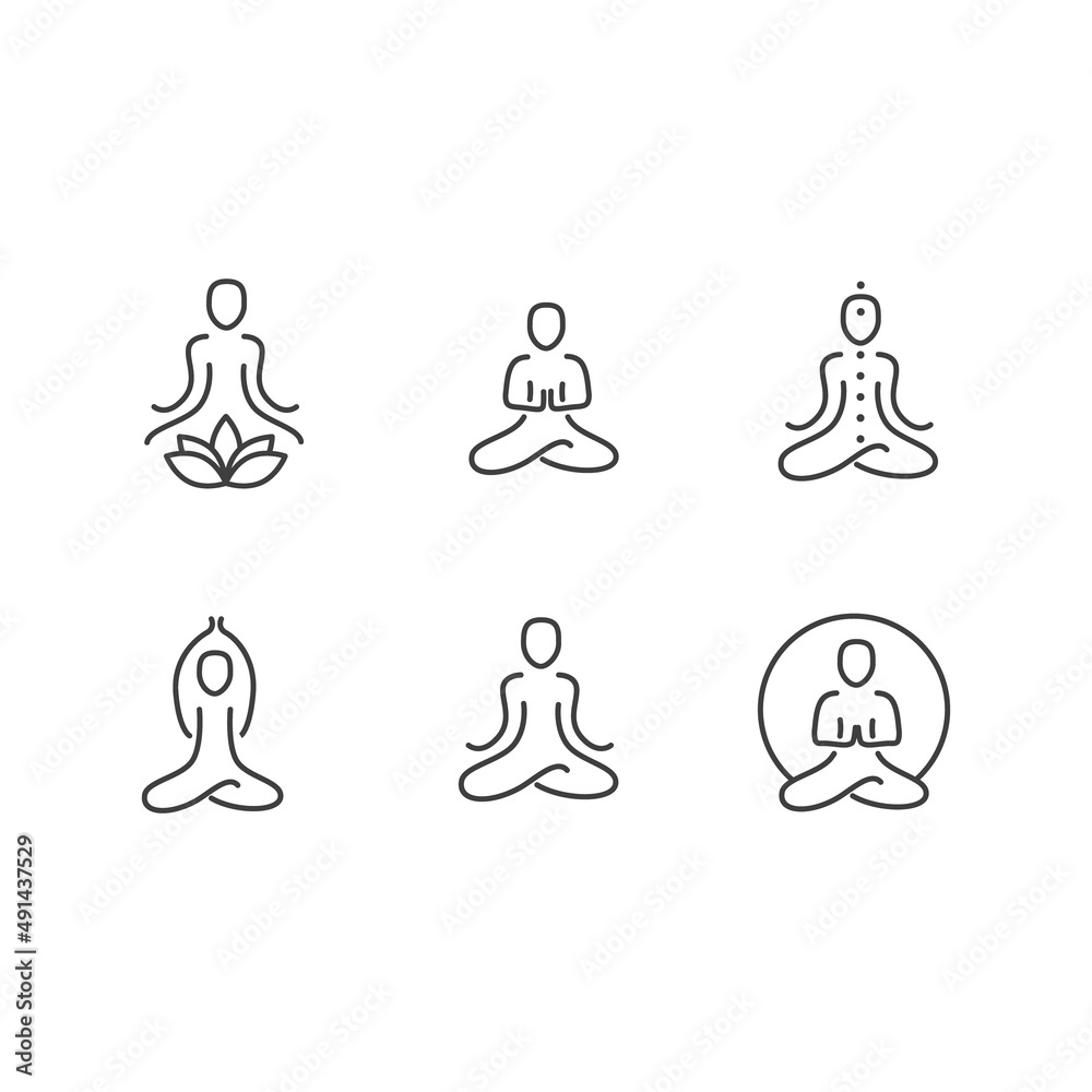 Meditation and yoga practice outline vector icons set. Collection of ...