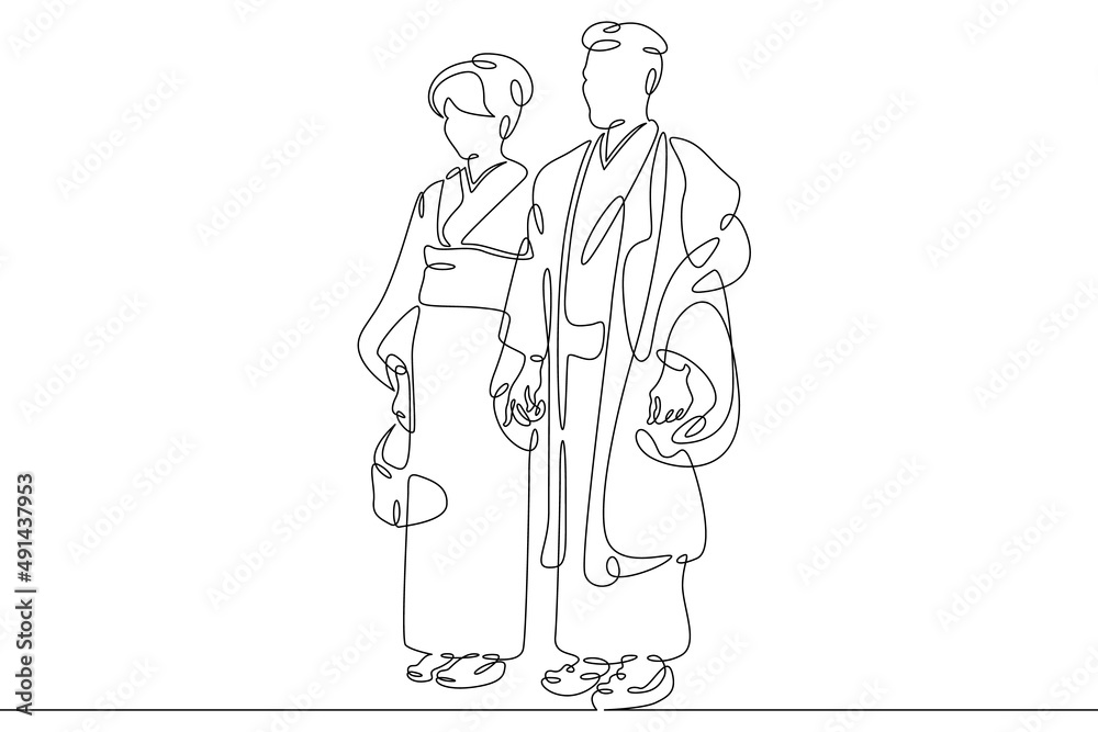 One continuous line.Japanese man and woman character in traditional ...