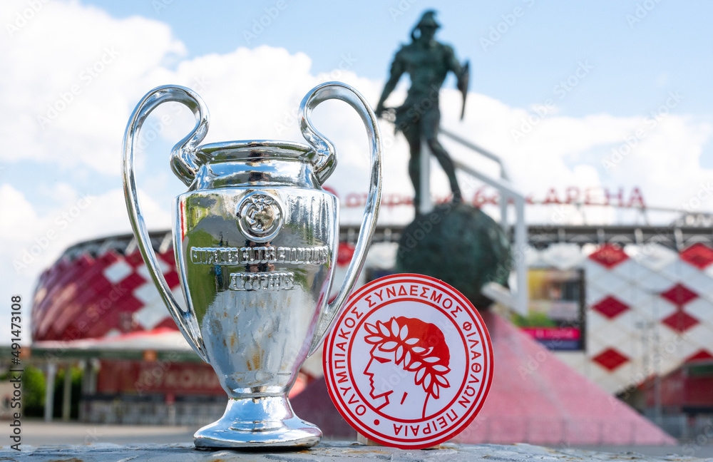June 14, 2021 Athens, Greece. The emblem of the football club ...