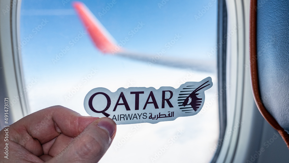 December 6, 2021, Doha, Qatar. The emblem of the airline Qatar Airways ...