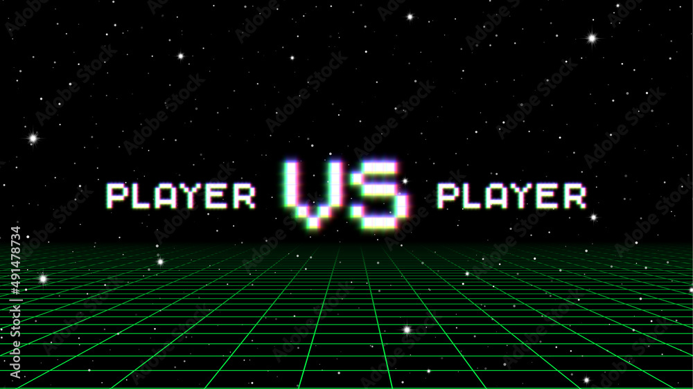 Versus sign with arcade game style with pixel letters over synthwave ...