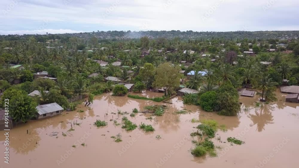 Aerial overhead flooded village in poor country after a monsoon. Stock ...