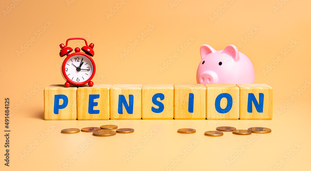 The word pension written on wooden cubes in English language on studio ...